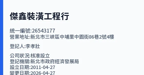 傑鑫裝潢工程行的照片-統編 26543177(新北市) 公司登記資料與營業項目詳細圖表