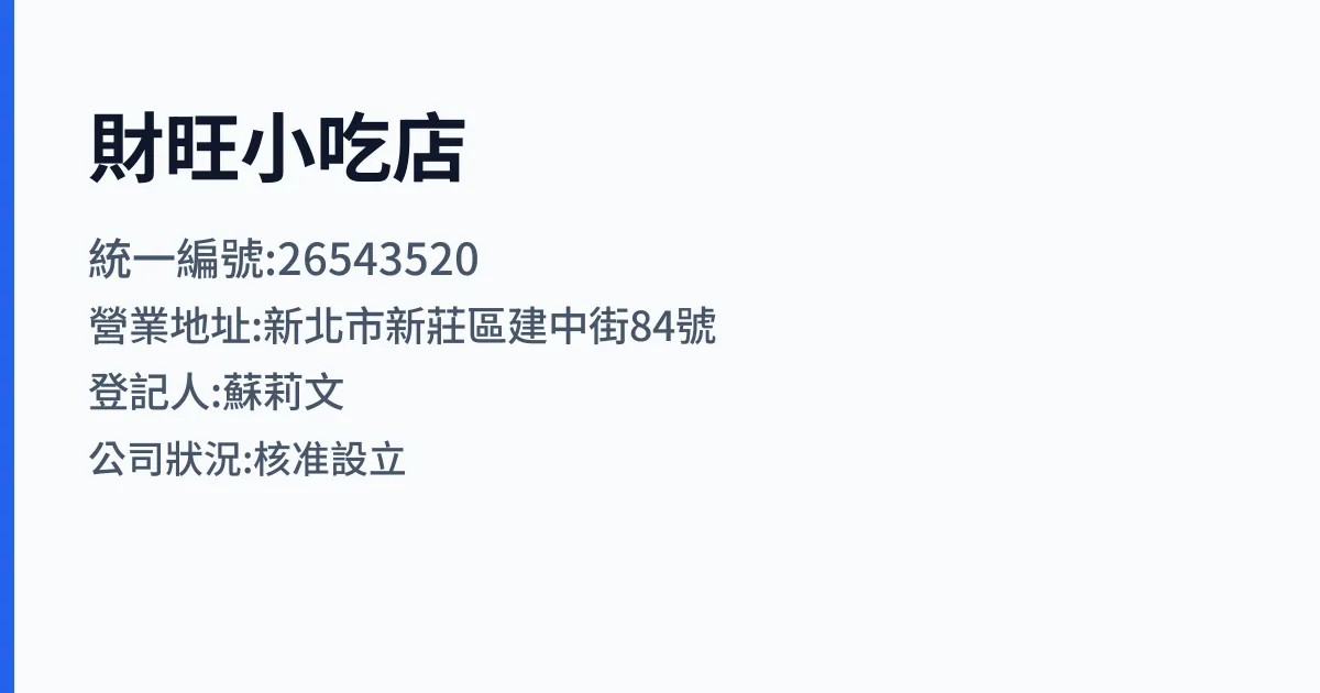 財旺小吃店 - 統編 26543520(新北市) 公司登記資料與營業項目詳細圖表