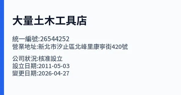 大量土木工具店的照片-統編 26544252(新北市) 公司登記資料與營業項目詳細圖表