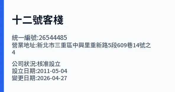 十二號客棧的照片-統編 26544485(新北市) 公司登記資料與營業項目詳細圖表