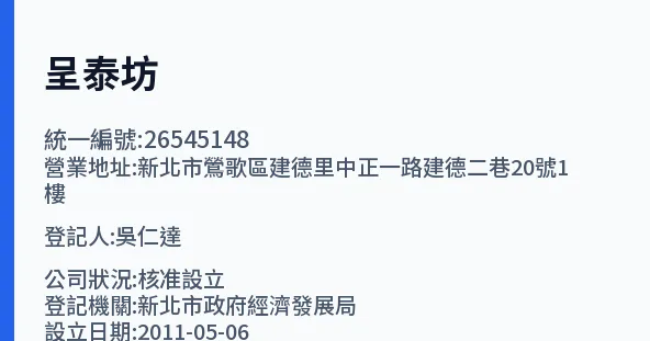 呈泰坊的照片-統編 26545148(新北市) 公司登記資料與營業項目詳細圖表