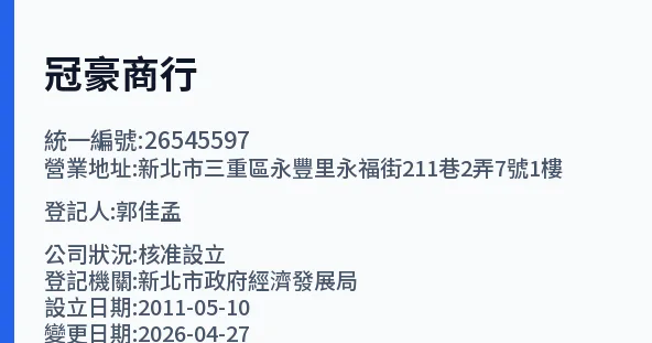 冠豪商行的照片-統編 26545597(新北市) 公司登記資料與營業項目詳細圖表