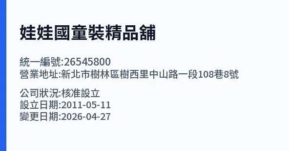 娃娃國童裝精品舖的照片-統編 26545800(新北市) 公司登記資料與營業項目詳細圖表