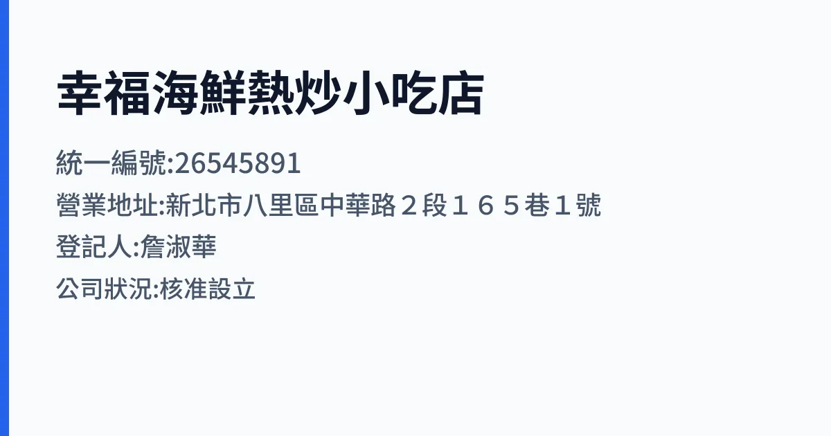 幸福海鮮熱炒小吃店 - 統編 26545891(新北市) 公司登記資料與營業項目詳細圖表