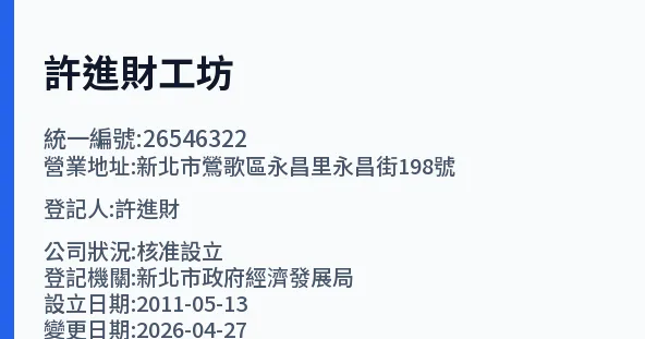 許進財工坊的照片-統編 26546322(新北市) 公司登記資料與營業項目詳細圖表