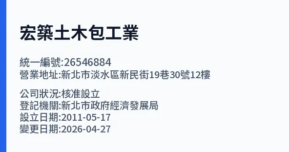 宏築土木包工業的照片-統編 26546884(新北市) 公司登記資料與營業項目詳細圖表