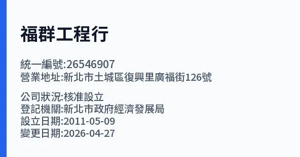 福群工程行的照片-統編 26546907(新北市) 公司登記資料與營業項目詳細圖表