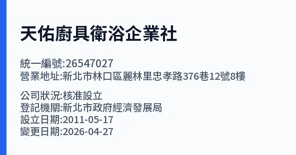 天佑廚具衛浴企業社的照片-統編 26547027(新北市) 公司登記資料與營業項目詳細圖表