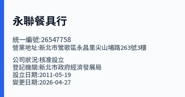 永聯餐具行的照片-統編 26547758(新北市) 公司登記資料與營業項目詳細圖表