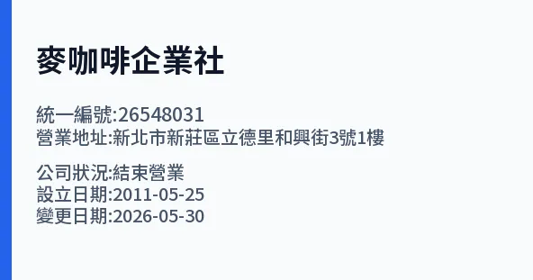 麥咖啡企業社的照片-統編 26548031(新北市) 公司登記資料與營業項目詳細圖表