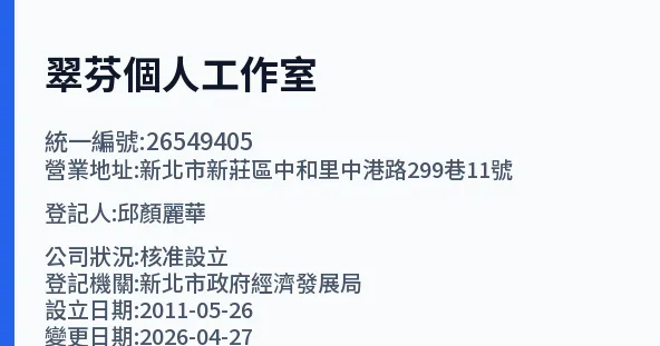 翠芬個人工作室的照片-統編 26549405(新北市) 公司登記資料與營業項目詳細圖表