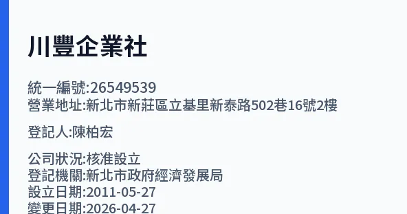 川豐企業社的照片-統編 26549539(新北市) 公司登記資料與營業項目詳細圖表