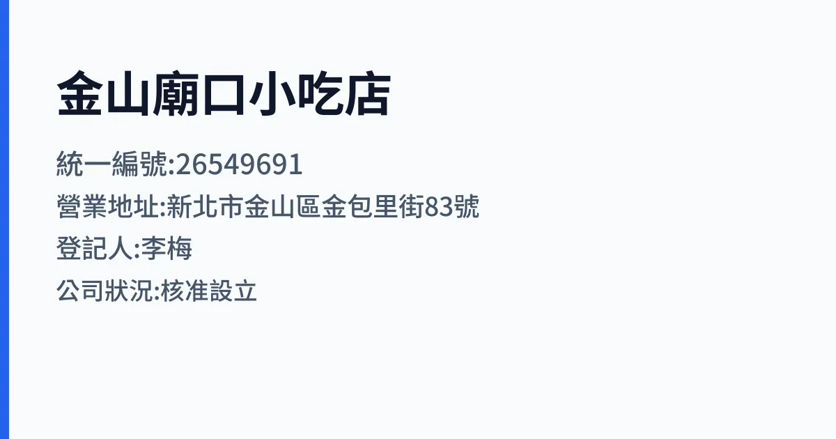 金山廟口小吃店 - 統編 26549691(新北市) 公司登記資料與營業項目詳細圖表