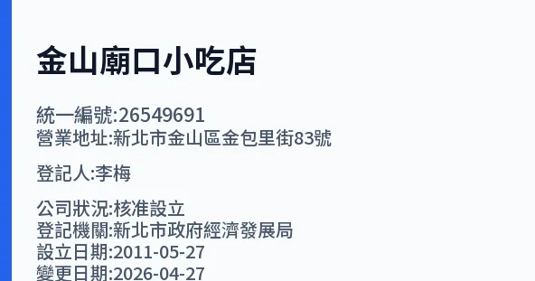 金山廟口小吃店的照片-統編 26549691(新北市) 公司登記資料與營業項目詳細圖表