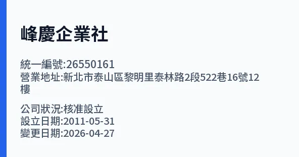 峰慶企業社的照片-統編 26550161(新北市) 公司登記資料與營業項目詳細圖表