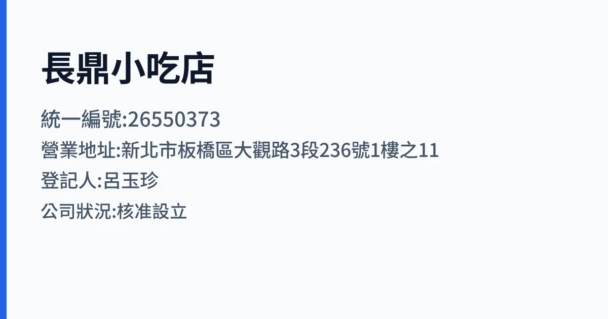 長鼎小吃店 - 統編 26550373(新北市) 公司登記資料與營業項目詳細圖表