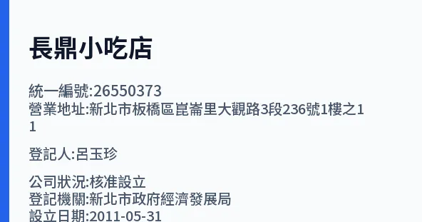 長鼎小吃店的照片-統編 26550373(新北市) 公司登記資料與營業項目詳細圖表