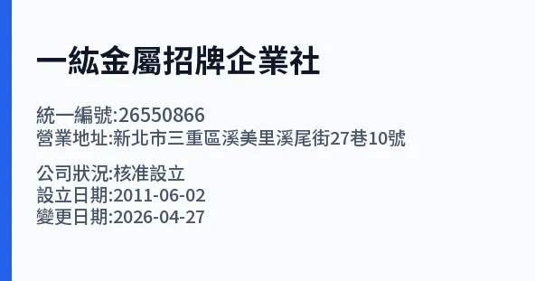 一紘金屬招牌企業社的照片-統編 26550866(新北市) 公司登記資料與營業項目詳細圖表