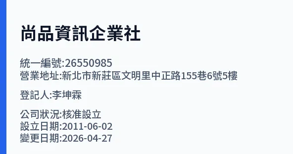尚品資訊企業社的照片-統編 26550985(新北市) 公司登記資料與營業項目詳細圖表