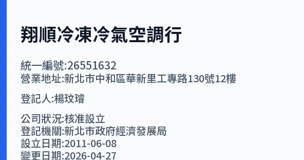 翔順冷凍冷氣空調行的照片-統編 26551632(新北市) 公司登記資料與營業項目詳細圖表