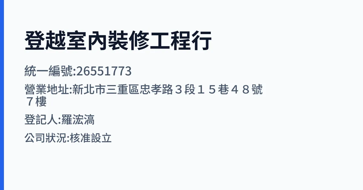 登越室內裝修工程行 - 統編 26551773(新北市) 公司登記資料與營業項目詳細圖表