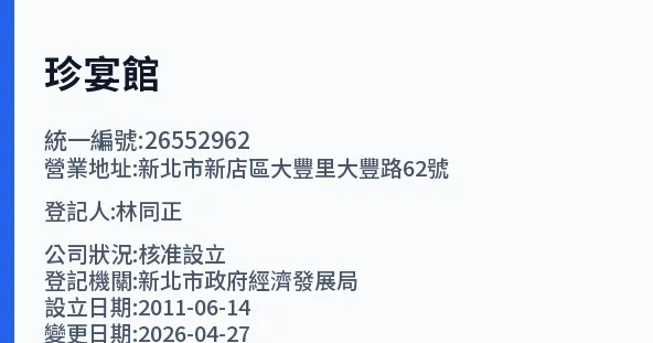 珍宴館的照片-統編 26552962(新北市) 公司登記資料與營業項目詳細圖表