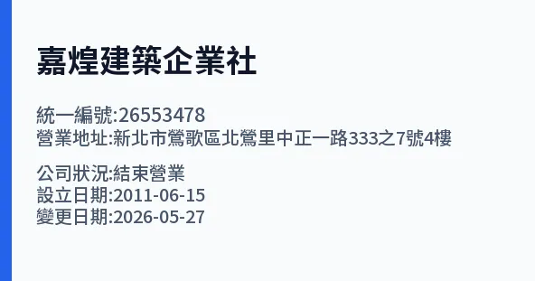 嘉煌建築企業社的照片-統編 26553478(新北市) 公司登記資料與營業項目詳細圖表