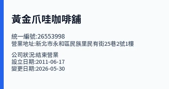黃金爪哇咖啡舖的照片-統編 26553998(新北市) 公司登記資料與營業項目詳細圖表
