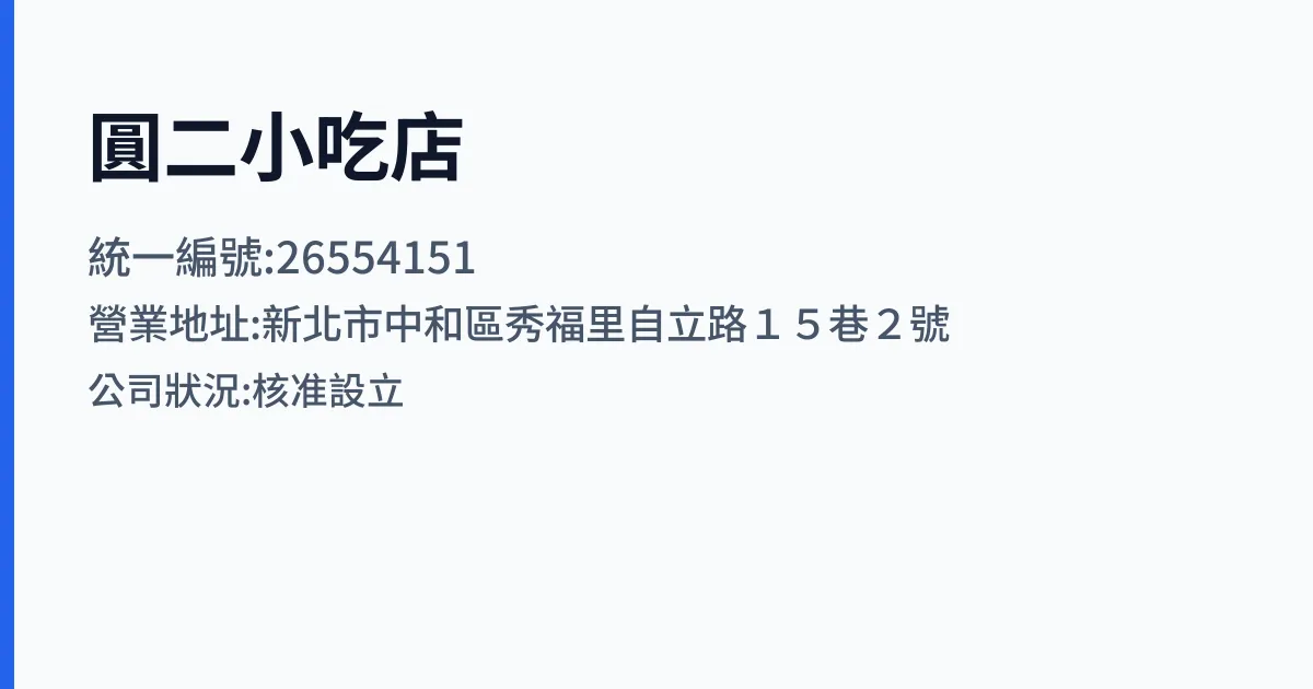 圓二小吃店 - 統編 26554151(新北市) 公司登記資料與營業項目詳細圖表