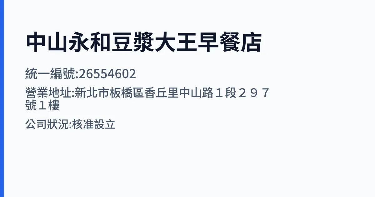 中山永和豆漿大王早餐店 - 統編 26554602(新北市) 公司登記資料與營業項目詳細圖表