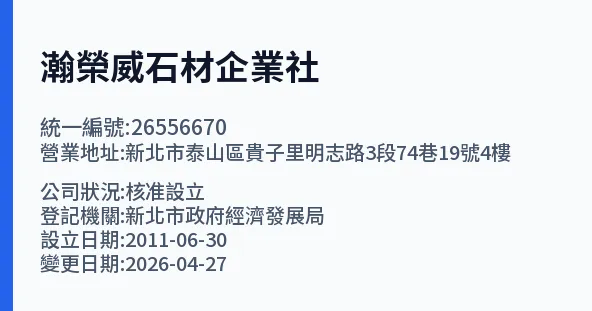 瀚榮威石材企業社的照片-統編 26556670(新北市) 公司登記資料與營業項目詳細圖表