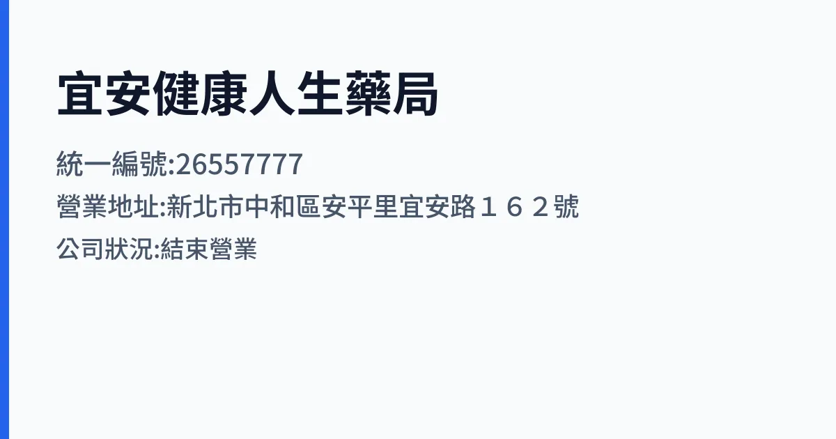 宜安健康人生藥局 - 統編 26557777(新北市) 公司登記資料與營業項目詳細圖表