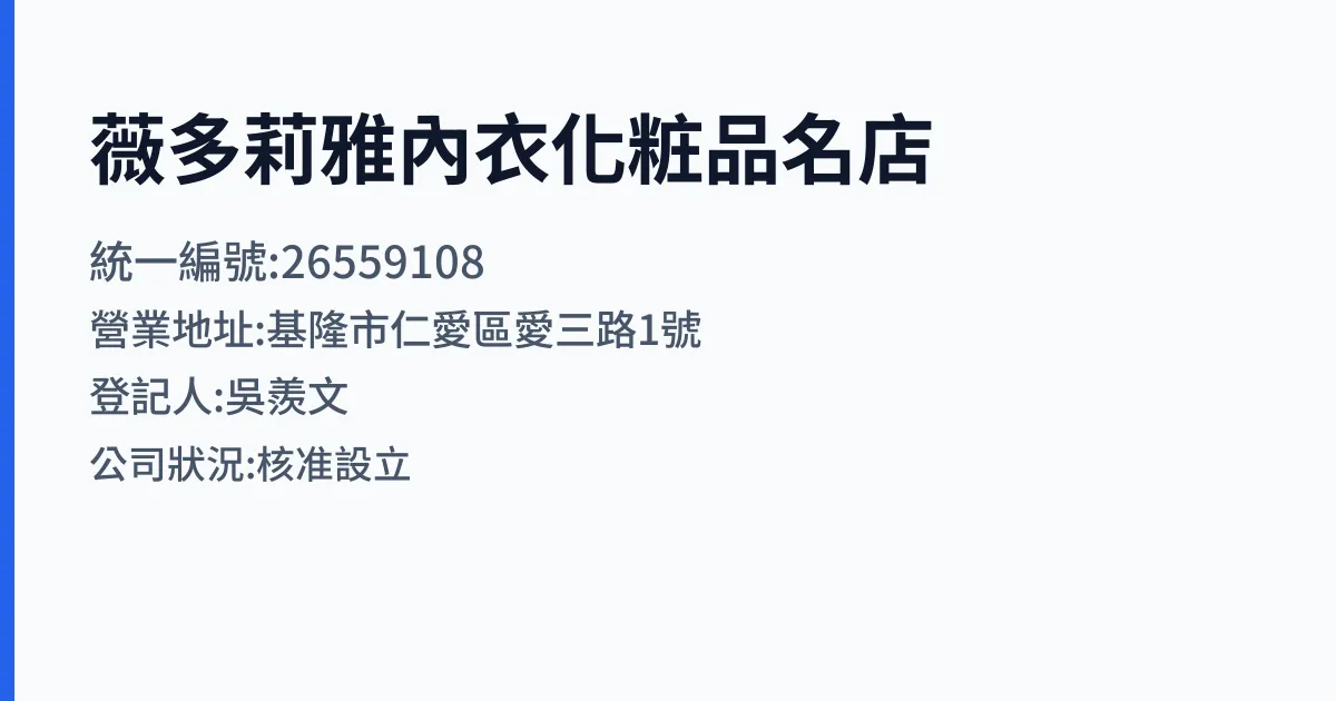 薇多莉雅內衣化粧品名店 - 統編 26559108(基隆市) 公司登記資料與營業項目詳細圖表