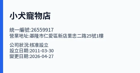 小犬寵物店的照片-統編 26559917(基隆市) 公司登記資料與營業項目詳細圖表