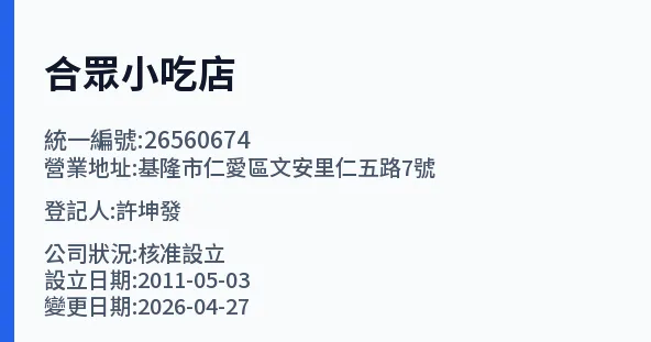 合眾小吃店的照片-統編 26560674(基隆市) 公司登記資料與營業項目詳細圖表