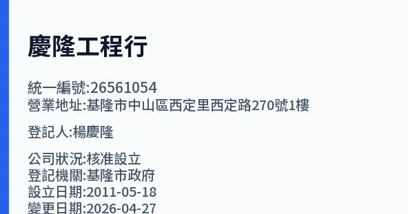慶隆工程行的照片-統編 26561054(基隆市) 公司登記資料與營業項目詳細圖表