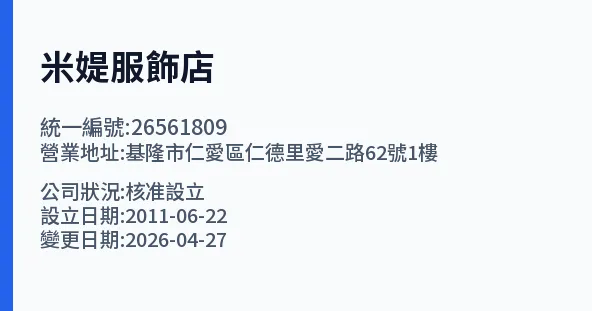 米媞服飾店的照片-統編 26561809(基隆市) 公司登記資料與營業項目詳細圖表