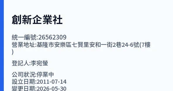 創新企業社的照片-統編 26562309(基隆市) 公司登記資料與營業項目詳細圖表