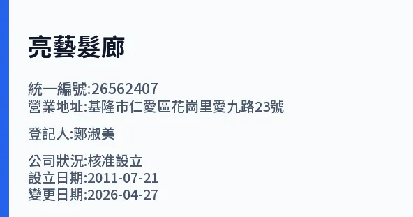 亮藝髮廊的照片-統編 26562407(基隆市) 公司登記資料與營業項目詳細圖表