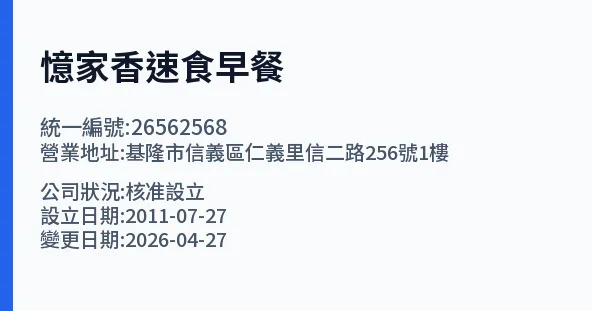 憶家香速食早餐的照片-統編 26562568(基隆市) 公司登記資料與營業項目詳細圖表