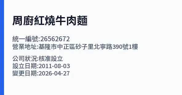 周廚紅燒牛肉麵的照片-統編 26562672(基隆市) 公司登記資料與營業項目詳細圖表