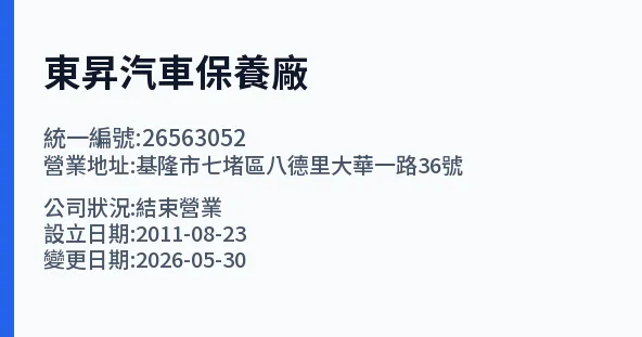 東昇汽車保養廠的照片-統編 26563052(基隆市) 公司登記資料與營業項目詳細圖表