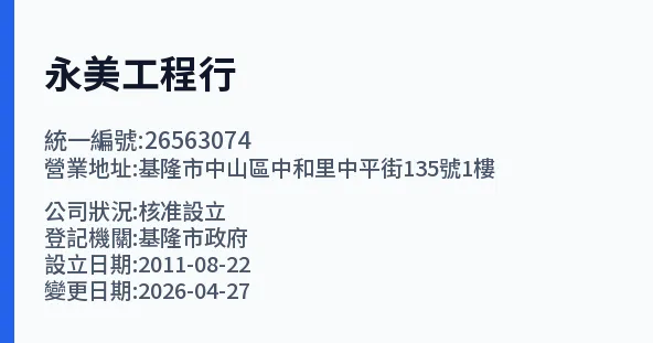 永美工程行的照片-統編 26563074(基隆市) 公司登記資料與營業項目詳細圖表