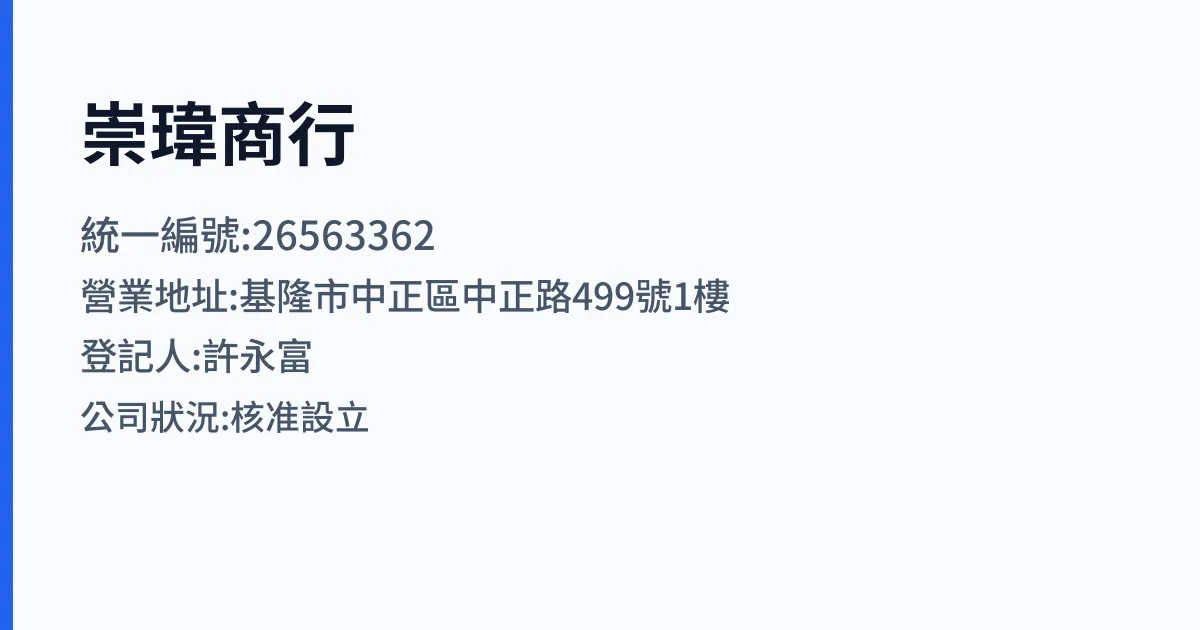 崇瑋商行 - 統編 26563362(基隆市) 公司登記資料與營業項目詳細圖表