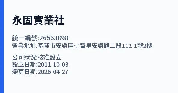 永固實業社的照片-統編 26563898(基隆市) 公司登記資料與營業項目詳細圖表