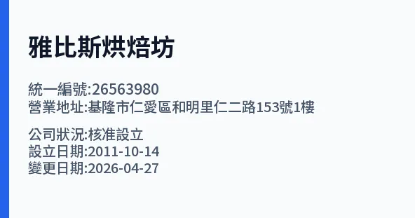 雅比斯烘焙坊的照片-統編 26563980(基隆市) 公司登記資料與營業項目詳細圖表