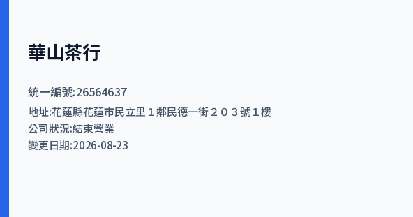 華山茶行的照片-統編 26564637(花蓮縣) 公司登記資料與營業項目詳細圖表