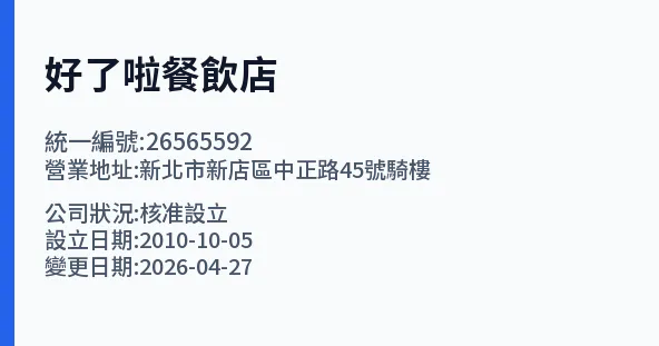 好了啦餐飲店的照片-統編 26565592(新北市) 公司登記資料與營業項目詳細圖表