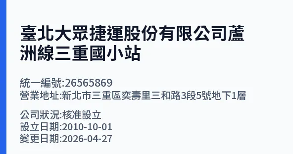 臺北大眾捷運股份有限公司蘆洲線三重國小站的照片-統編 26565869(新北市) 公司登記資料與營業項目詳細圖表