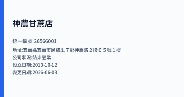 神農甘蔗店的照片-統編 26566001(宜蘭縣) 公司登記資料與營業項目詳細圖表